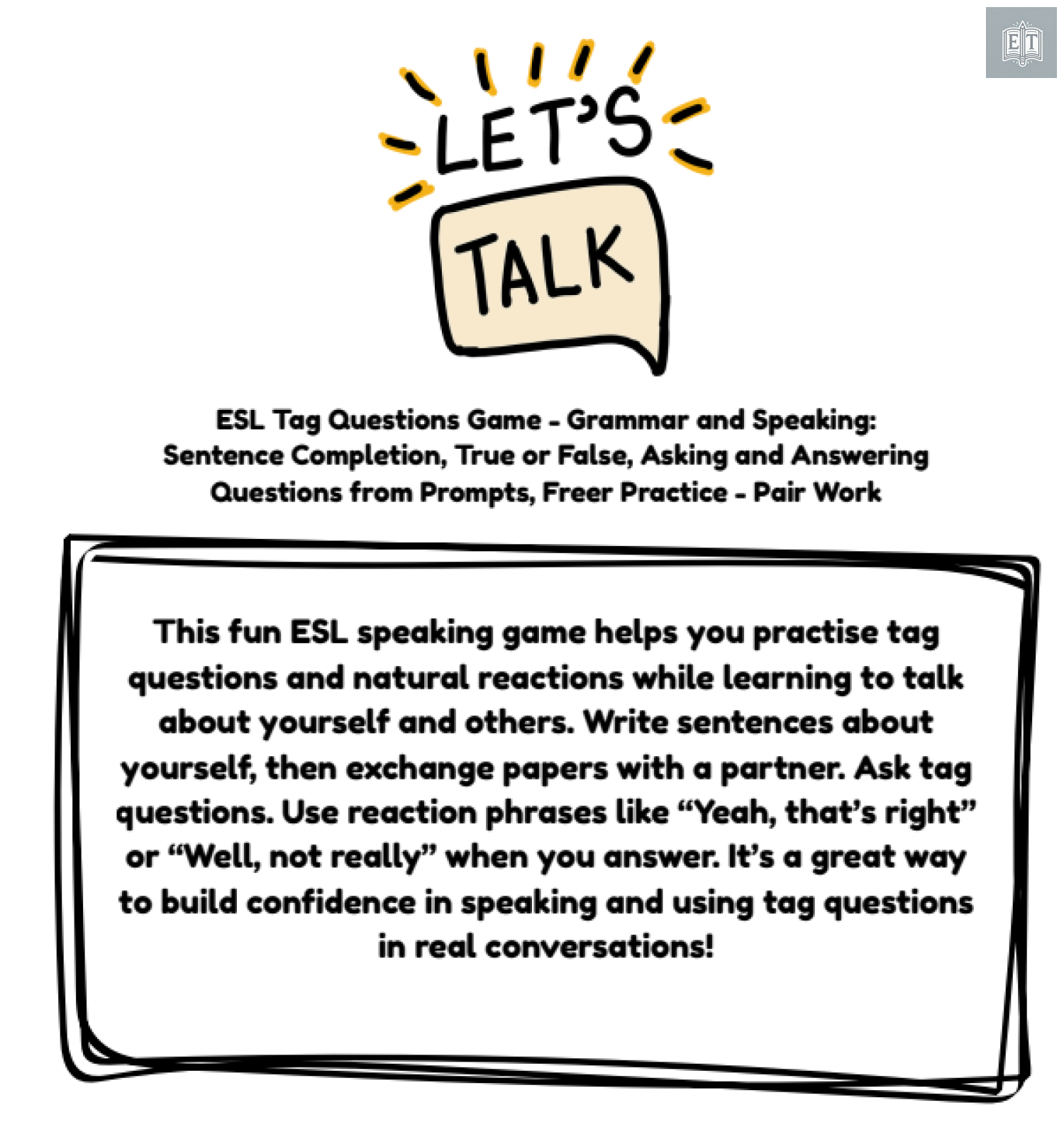 Let’s Talk – Tag Questions Game | ESL Pair Work Speaking Activity ...