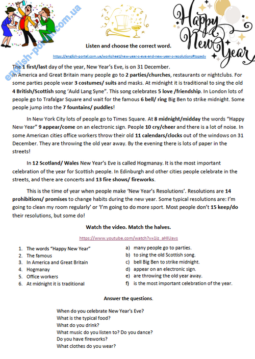 Download New Year Eve Worksheet .pdf | English Task