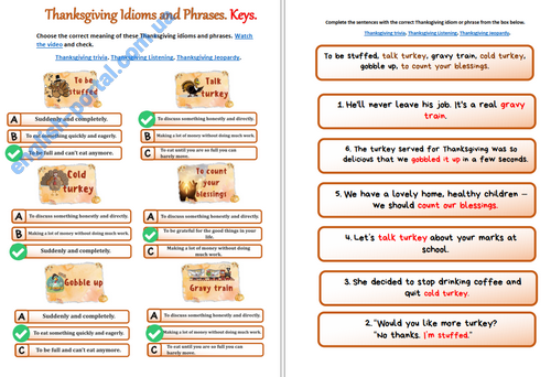 Download Thanksgiving Idioms and Phrases Worksheet keys | English Task