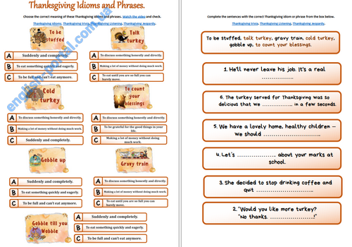 Download Thanksgiving Idioms and Phrases Worksheet | English Task