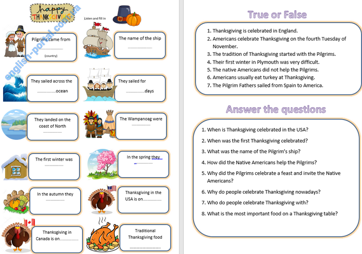 Download Thanksgiving Worksheet | English Task